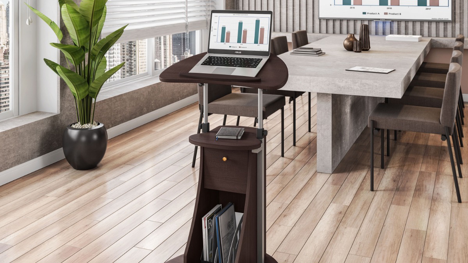 Techni Mobili Sit-to-Stand Rolling Adjustable Laptop Cart With Storage