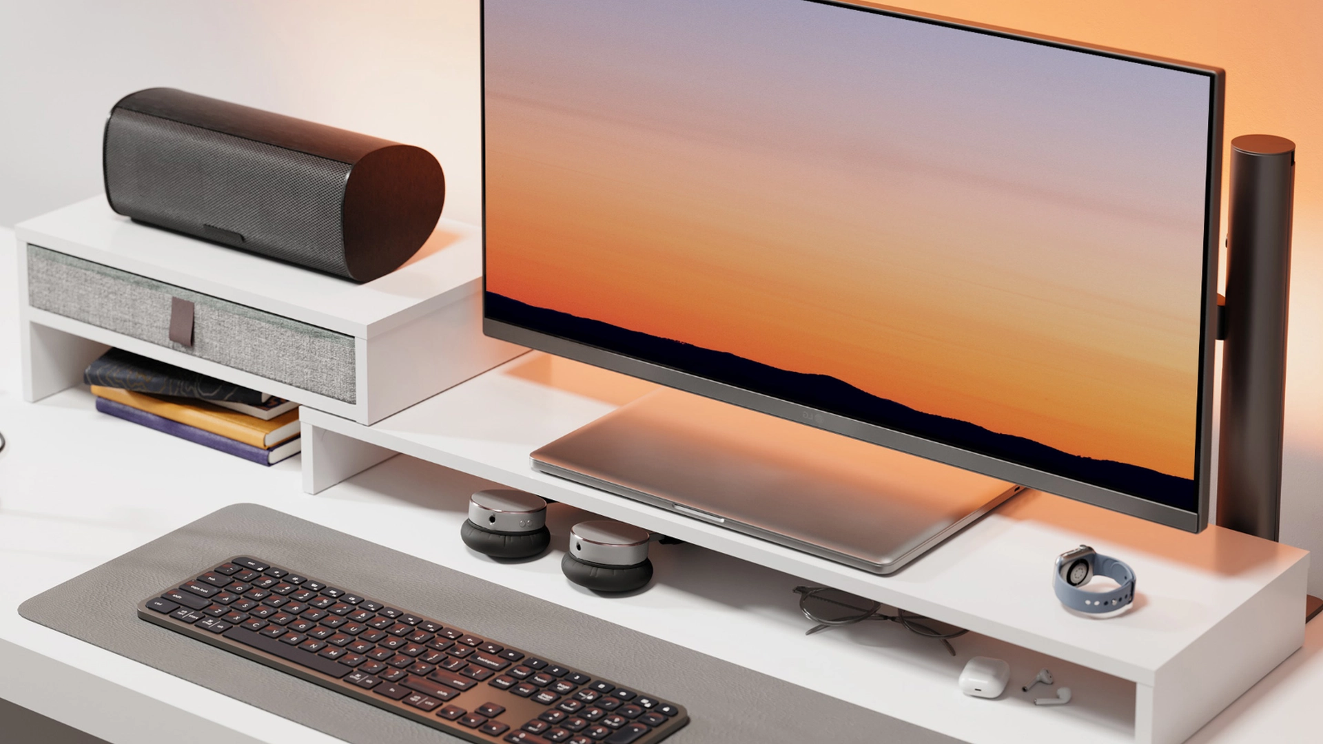 FENGE Computer Adjustable Length and Angle Monitor Riser Stand with Drawer