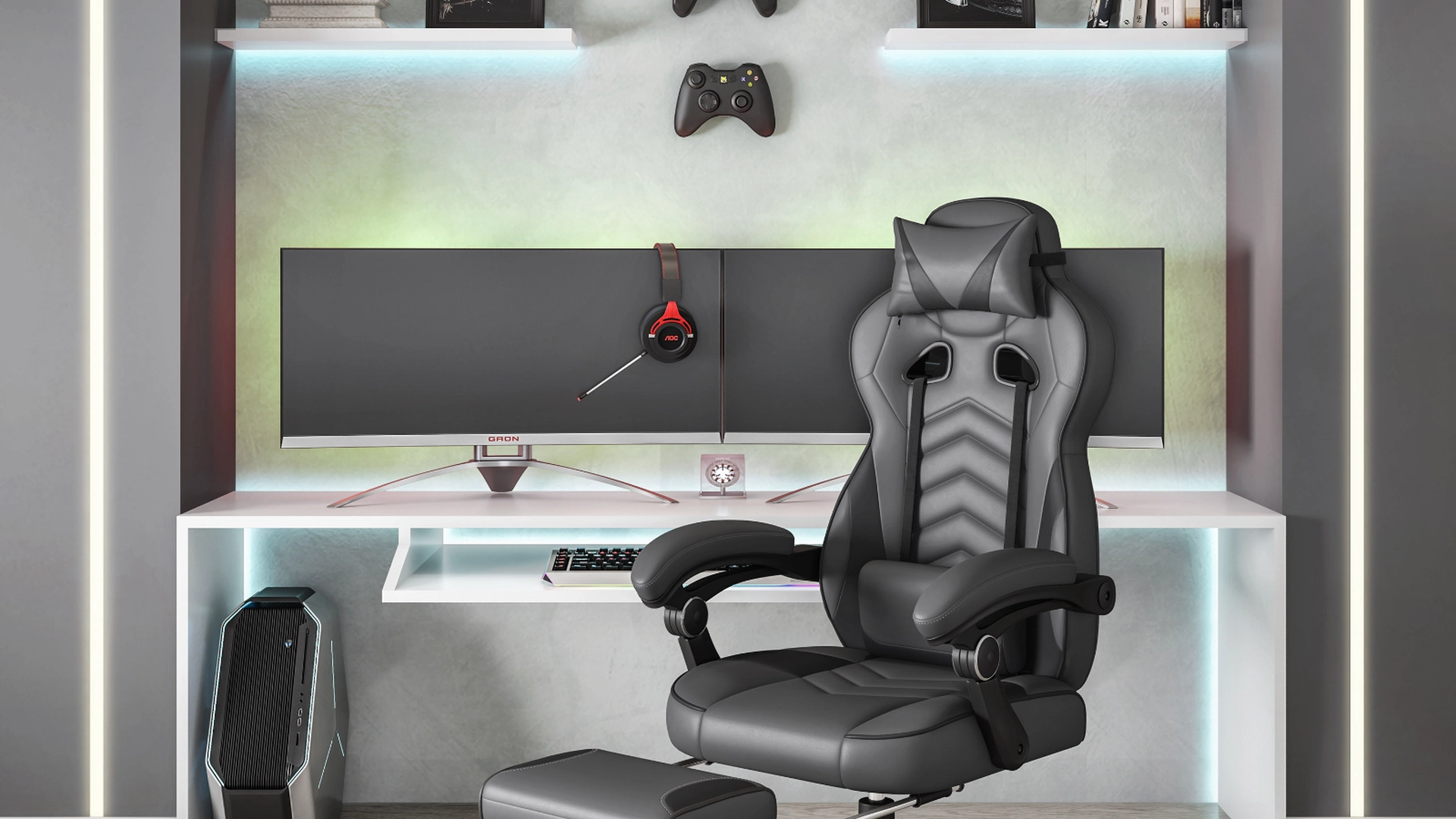 Techni Mobili Reclining Executive Gaming Chair w/ Footrest, Grey/Black