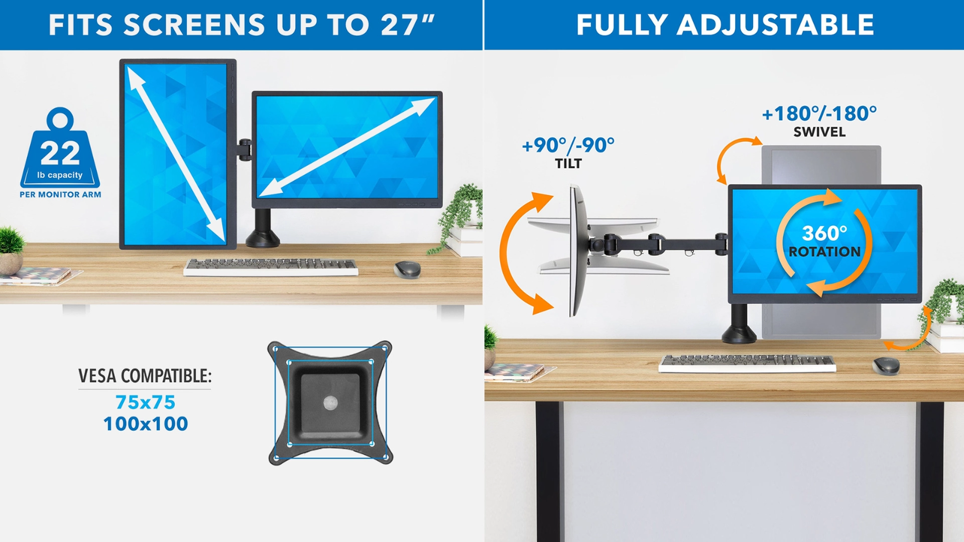 Mount-It! Dual Monitor Desk Mount for 13-27 Inch Screens