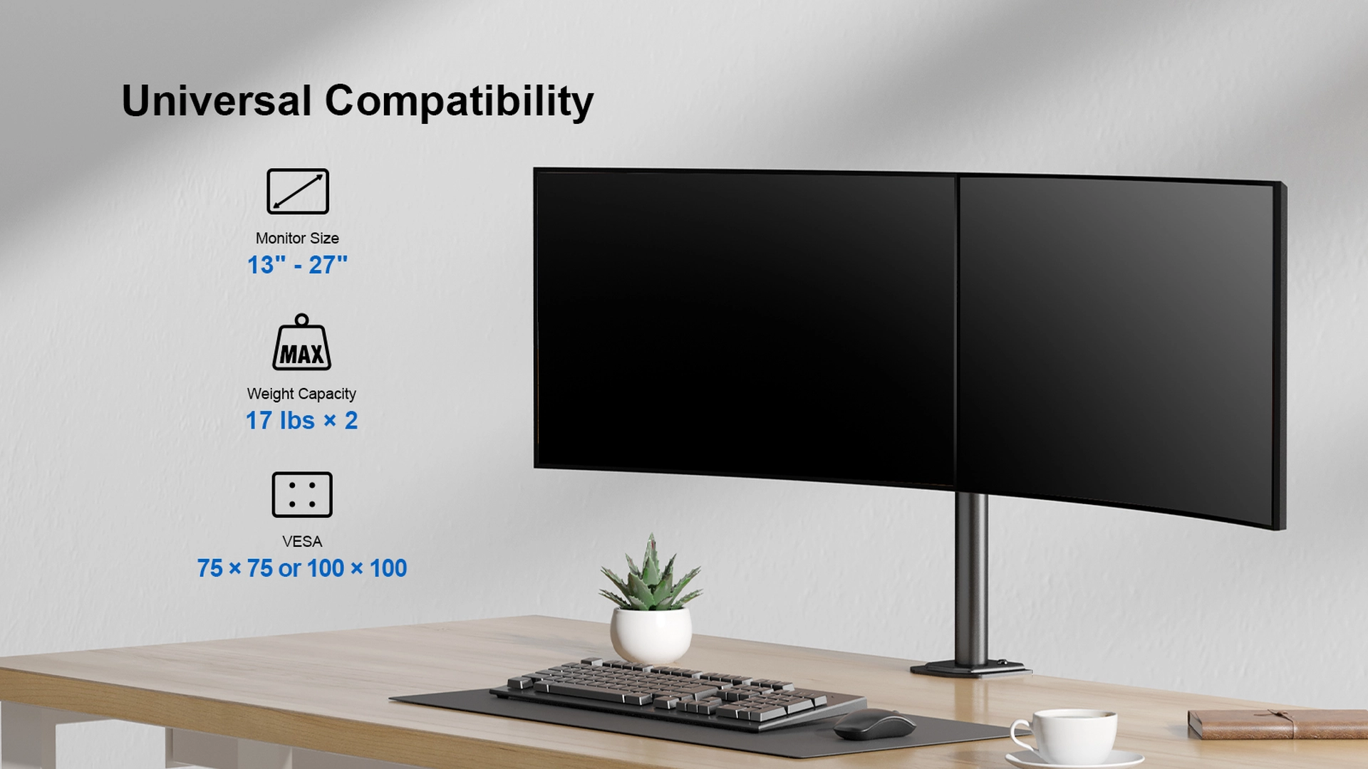 Motion Desk Mount for Dual Monitor 13" to 27"