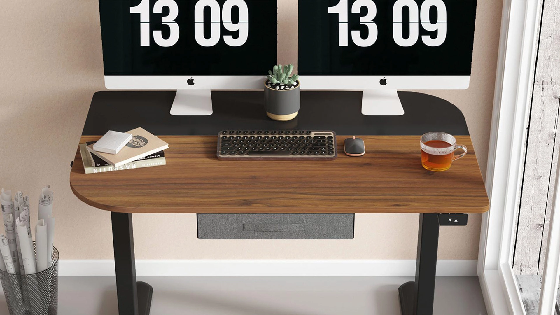 FENGE Electric Standing Desk 43“X27” with Drawer & Bag Hook