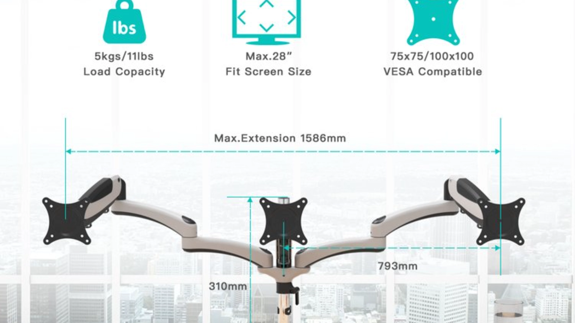 Triple Monitor Mount Articulating Arms - Extended Reach