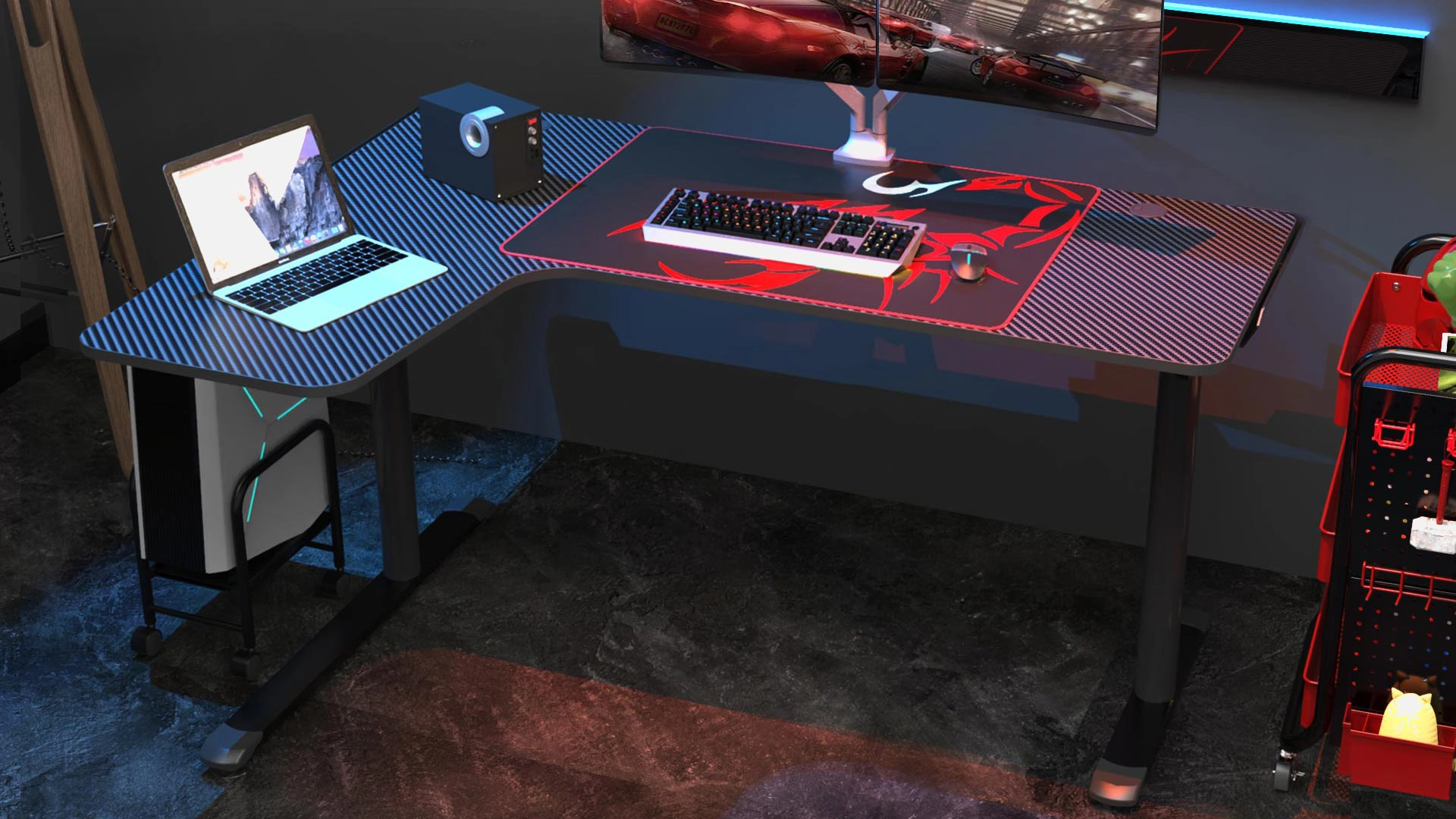 EUREKA L-shaped Desk: Carbon Fiber Surface & Additional Mousepad